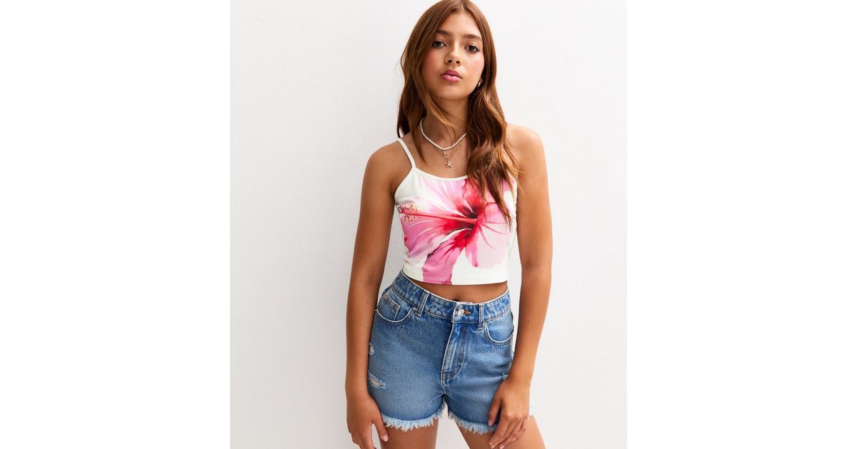 Girls White Hibiscus Print Cropped Vest Top | New Look