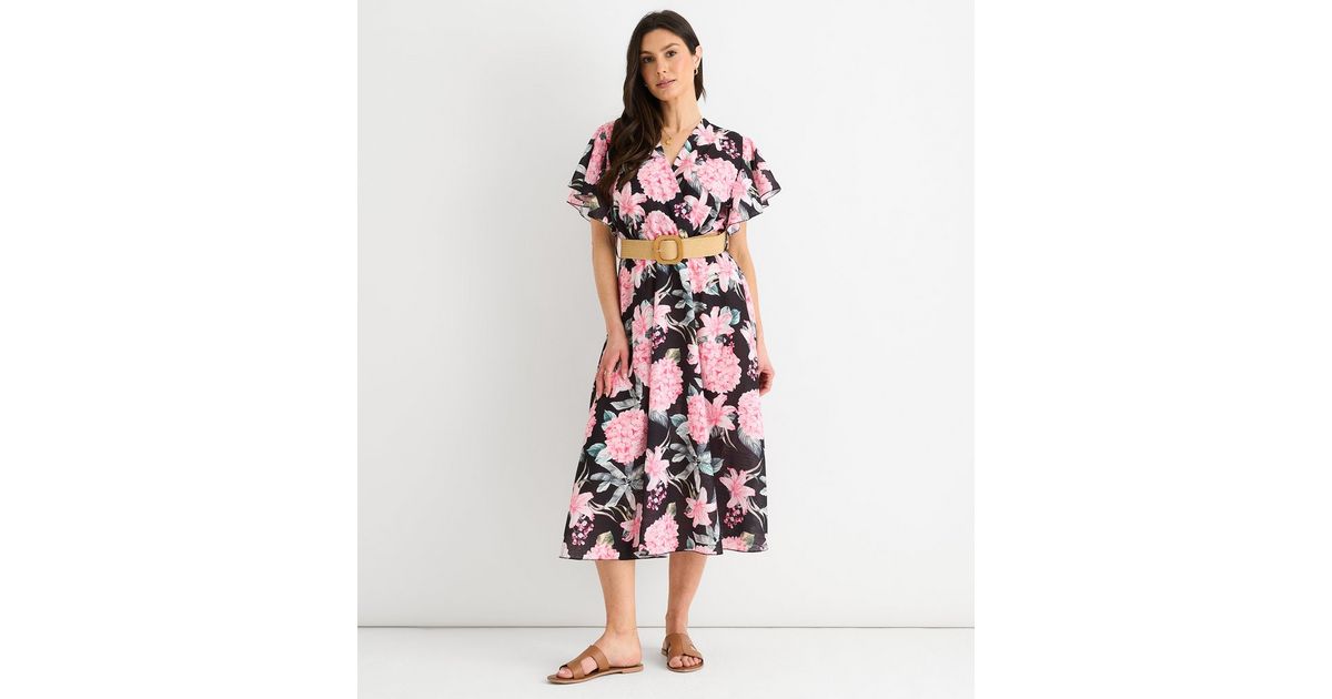 Gini London Black Floral Print Wrap Style Midi Dress | New Look