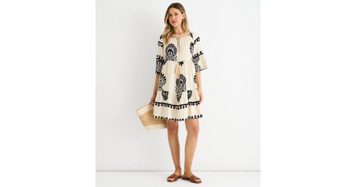 Gini London Cream Abstract Print Flared Mini Dress | New Look