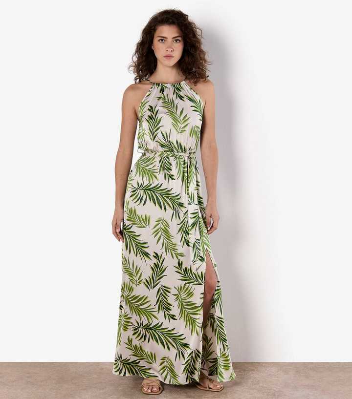 Apricot Stone Leaf Print Slit Hem Maxi Dress | New Look