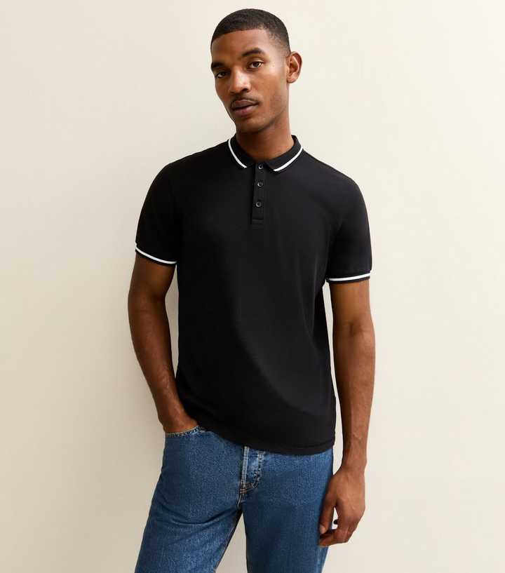 Black Regular Contrast Tipping Pique Polo Top | New Look