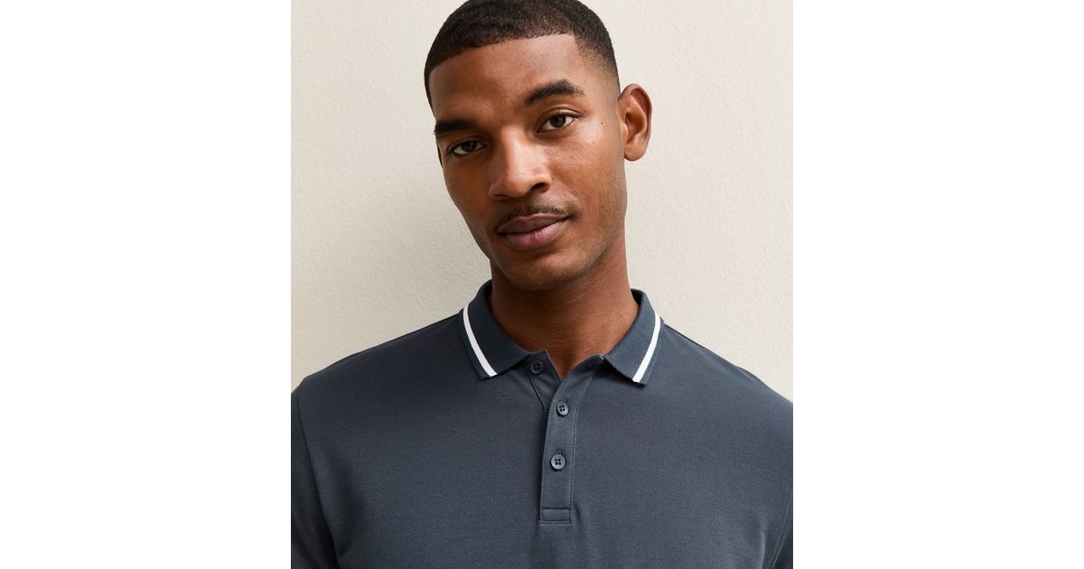 Navy Regular Pique Tipped Collar Polo Shirt | New Look