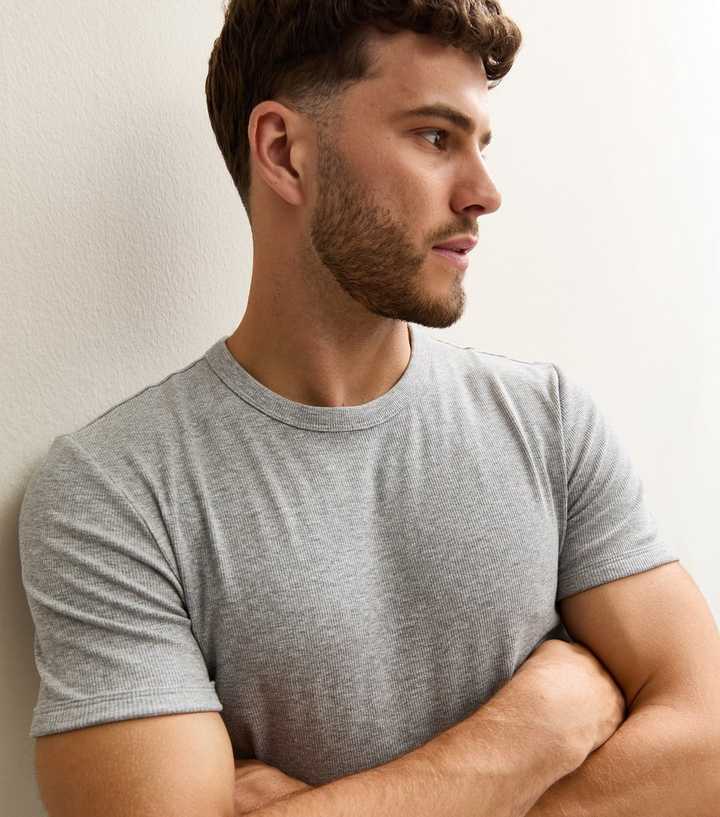 Marl Grey Muscle Fit Ribbed Jersey T-Shirt | New Look