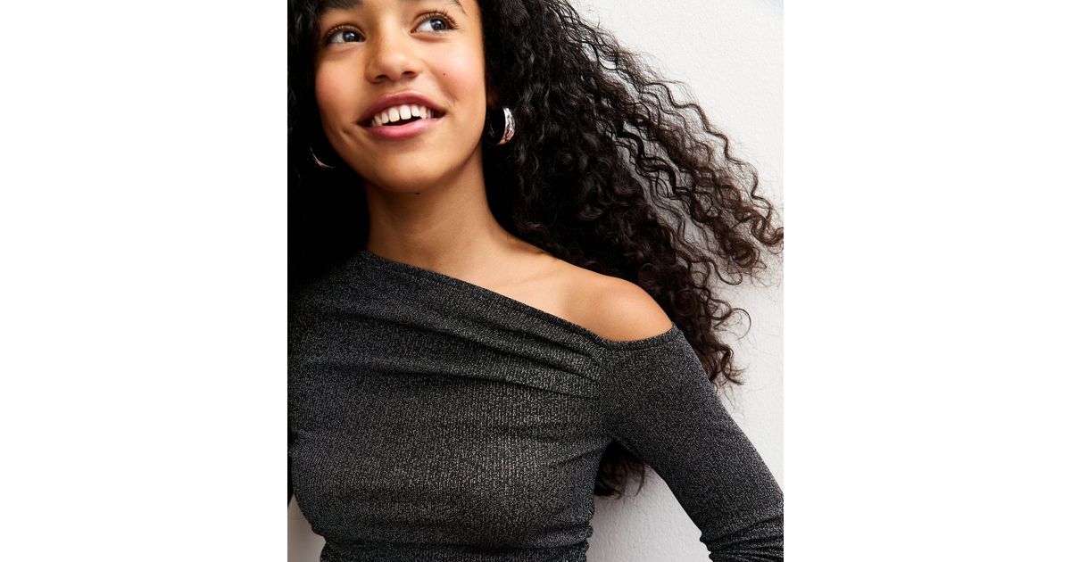 Girls Black Sparkle Asymmetric Long Sleeve Top | New Look