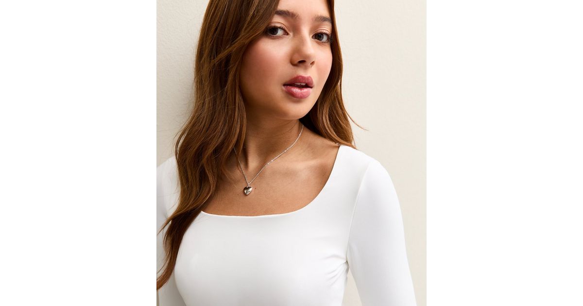 Girls White Long Sleeve Square Neck Top | New Look