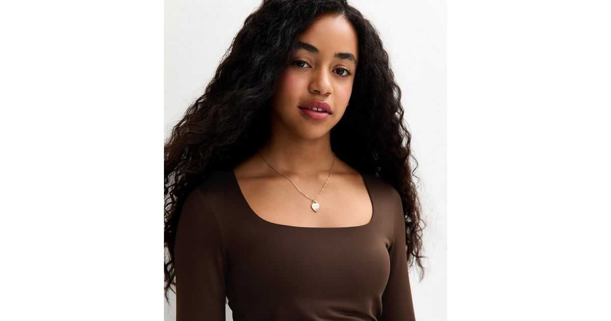 Girls Brown Long Sleeve Square Neck Top | New Look