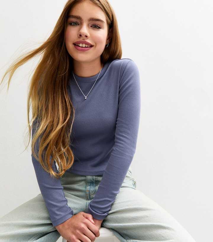 Girls Blue Ribbed Baby Tee Long Sleeve Top | New Look