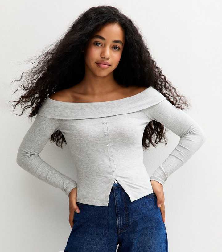 Girls Grey Long Sleeve Faux Button Bardot Top | New Look