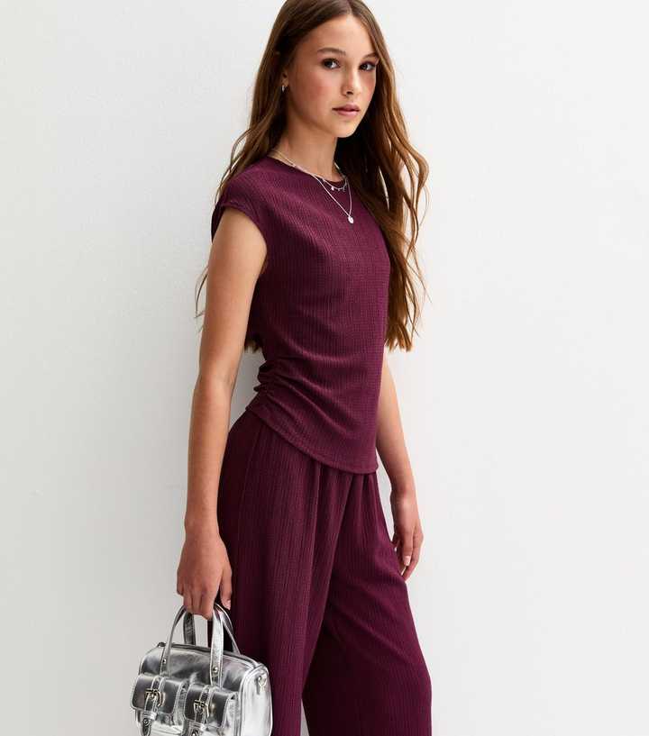 Girls Dark Burgundy Textured Jersey Ruched Side Asymmetric Top | New Look