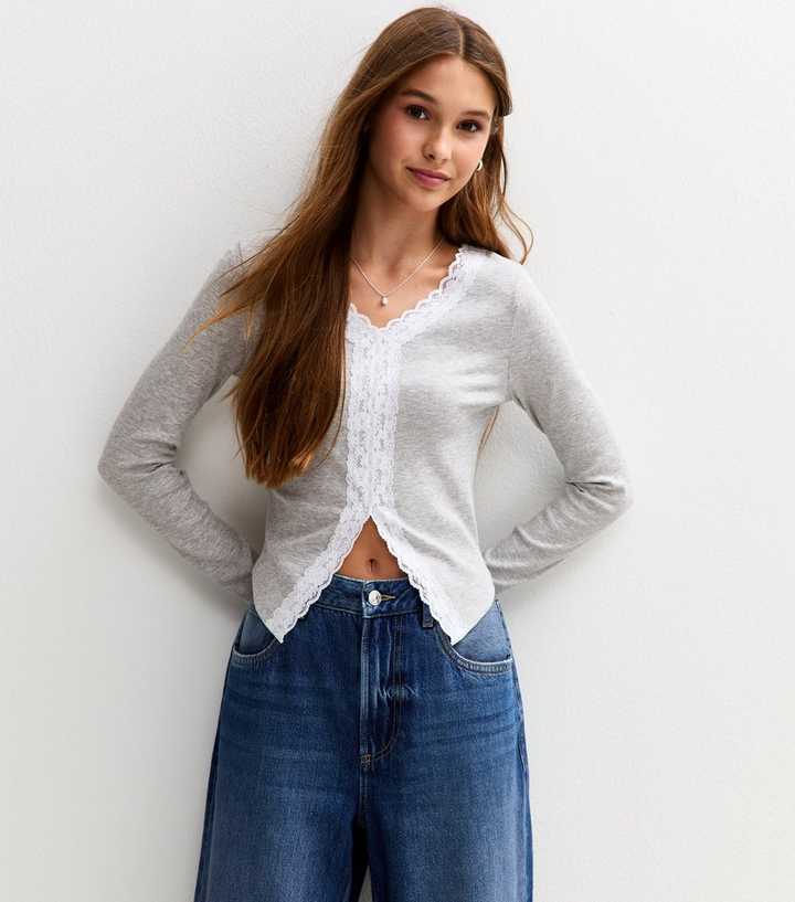 Girls Grey Long Sleeve Lace Trim Ribbed Butterfly Hem Top | New Look