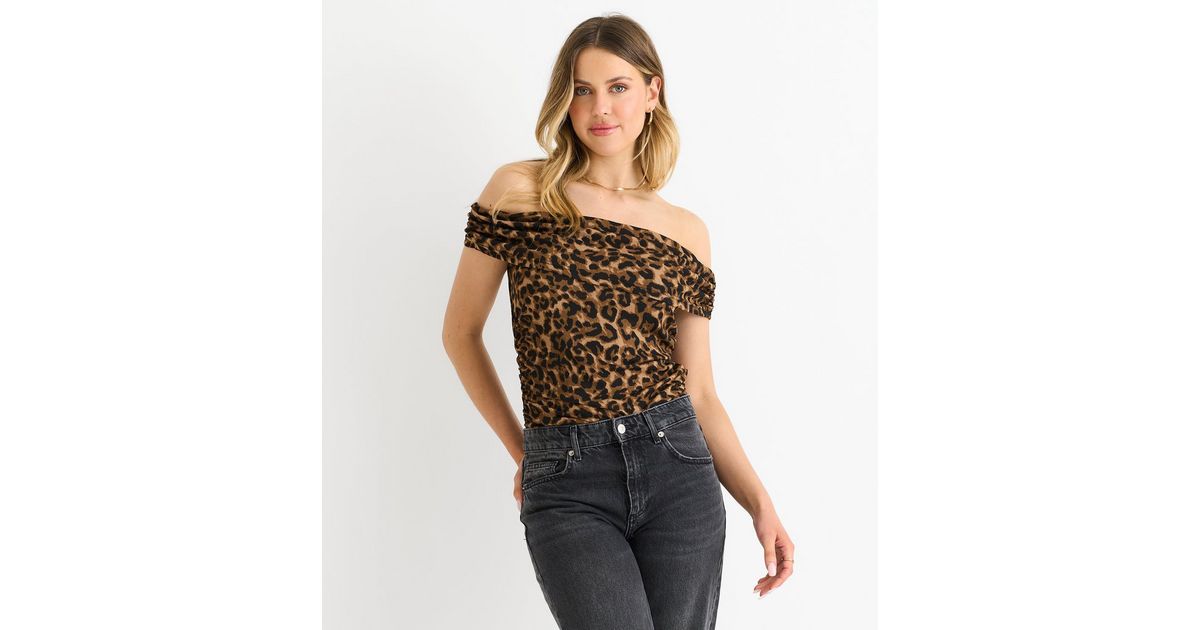 Gini London Brown Leopard Print Bardot Top | New Look