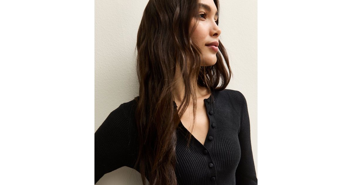 Black Ribbed Knit Long Sleeve Button Up Jumper | New Look