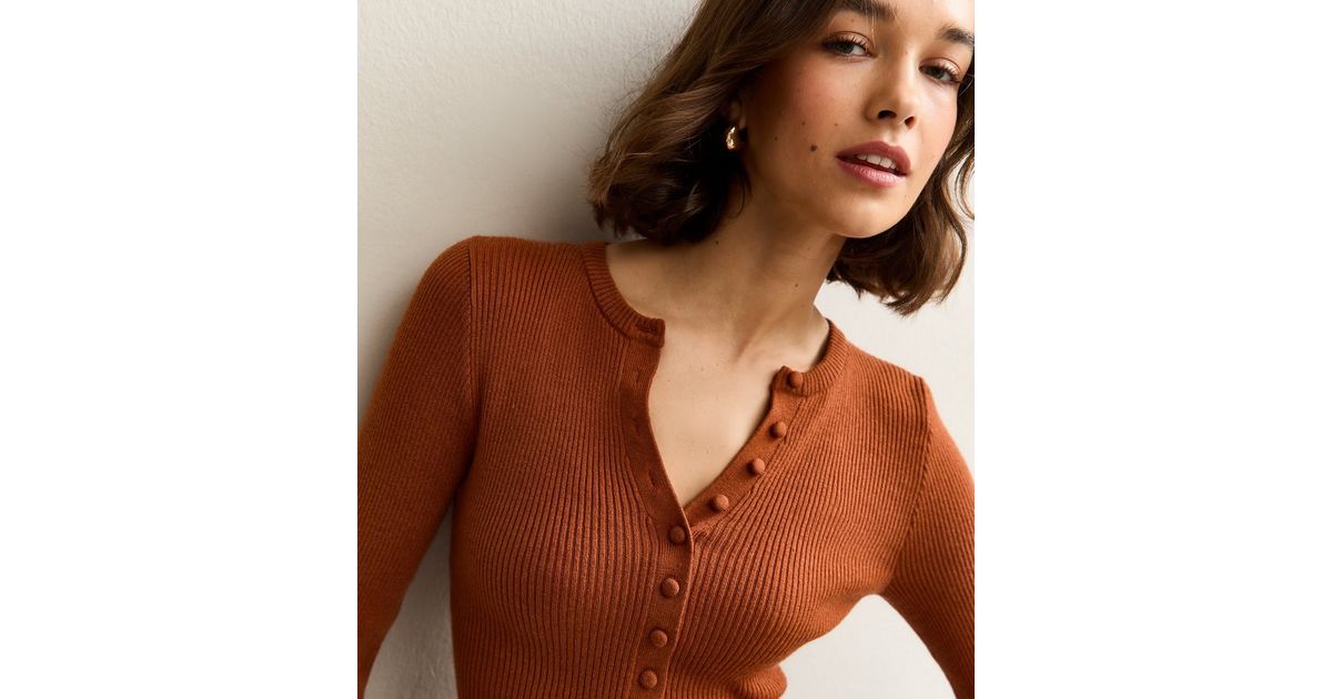 Tan Ribbed Knit Long Sleeve Button Up Jumper | New Look