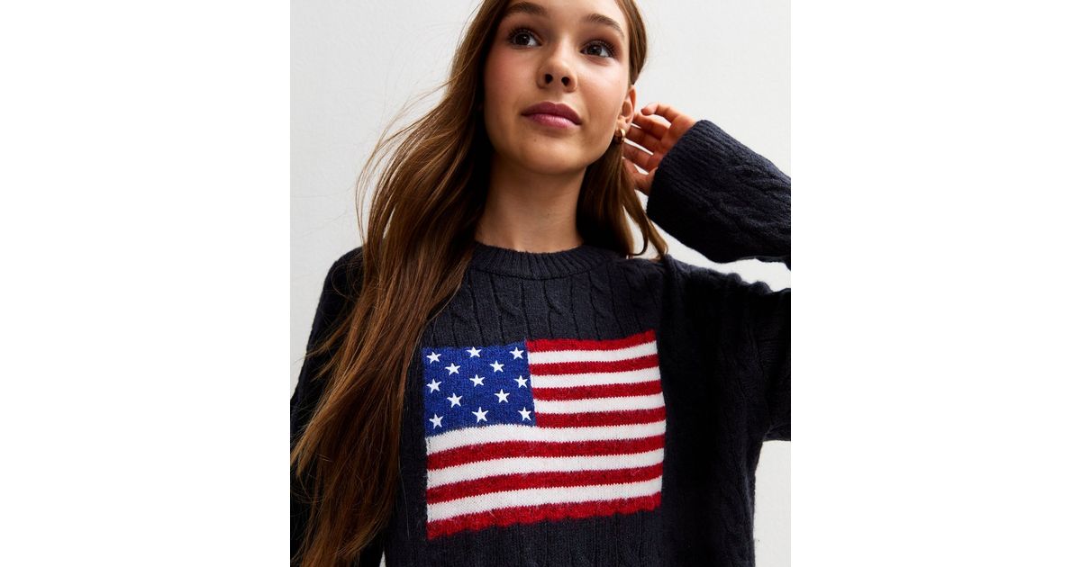 Girls Navy Cable Knit American Flag Jumper | New Look