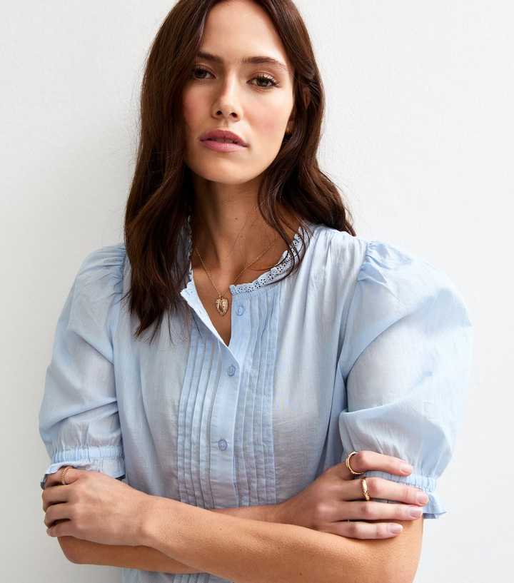 Blue Pintuck Detail Lace Trim Shirt | New Look