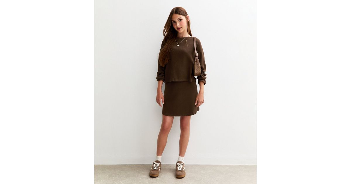 Girls Dark Brown Soft Touch A-Line Mini Skirt | New Look