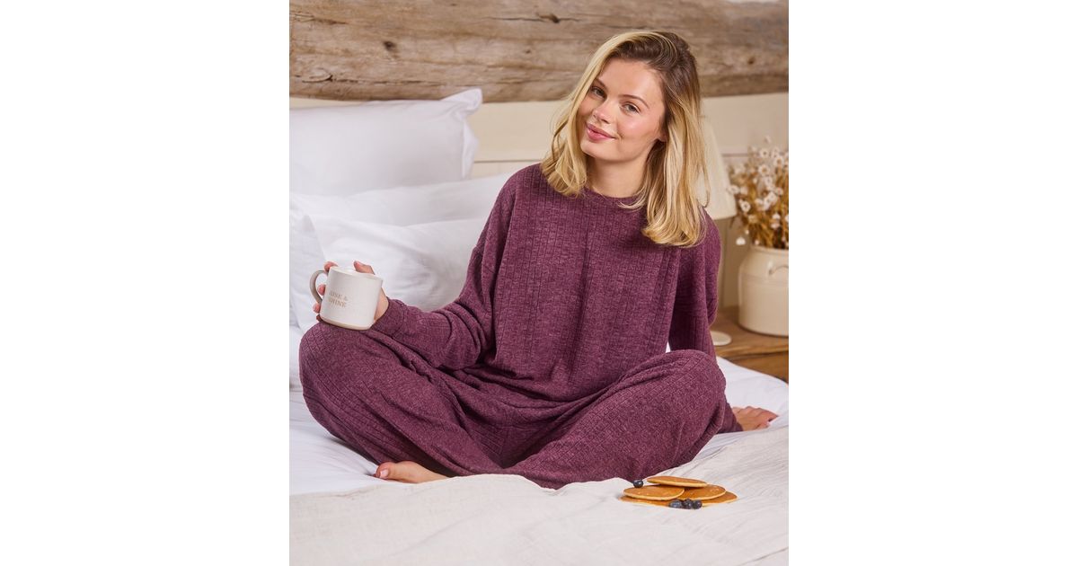 Loungeable Dark Purple Super Soft Brushed Rib Lounge Set | New Look