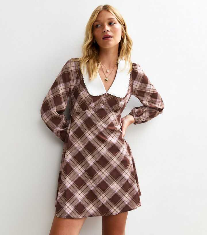 Brown Checked Oversized Collar Mini Dress | New Look