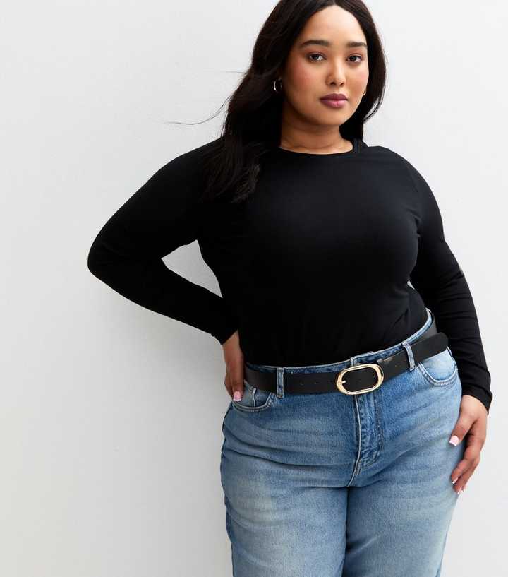 Curves Black Long Sleeve Crew Neck Jersey Top | New Look