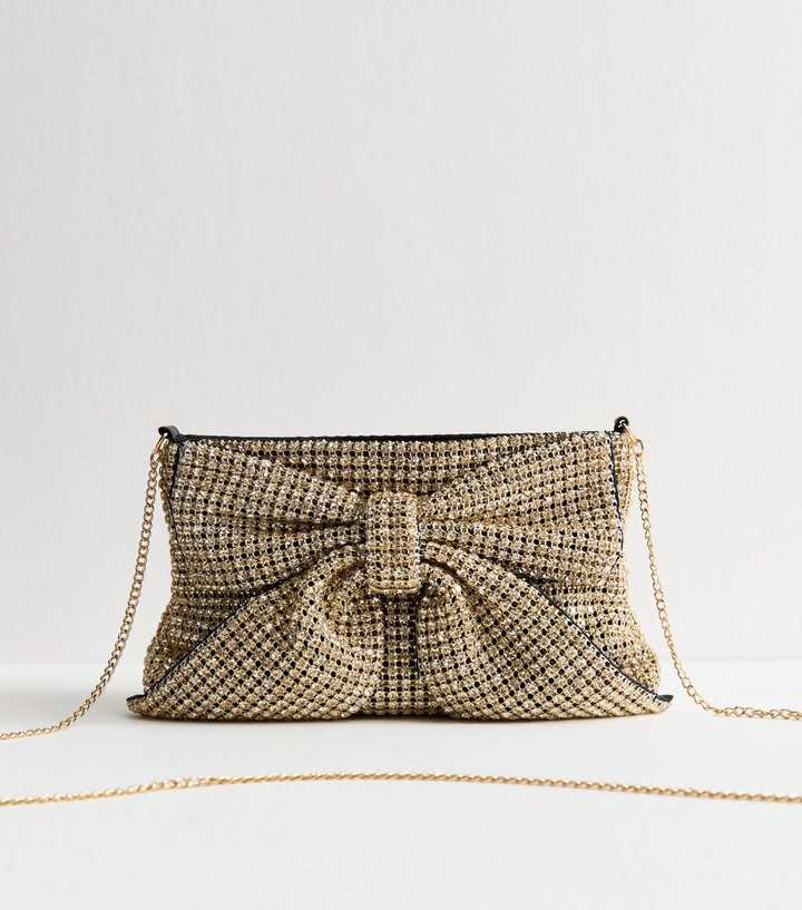 Gold Rhinestone Embellished Bow Appliqued Clutch | New Look