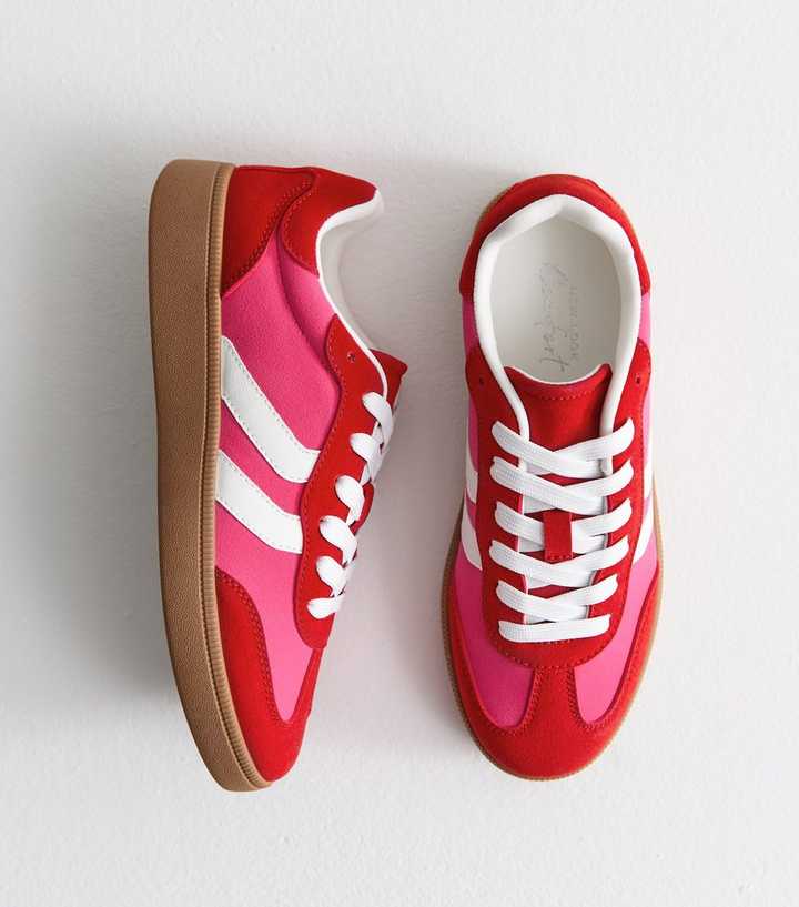 Red Faux Suede Panelled Contrast Trim Trainers | New Look