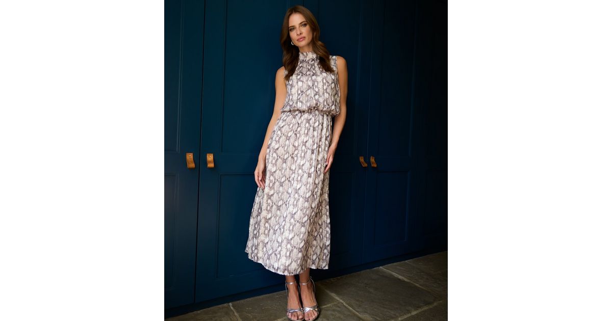 Blue Vanilla Grey Snakeskin Print Diamante Stud Midi Dress | New Look