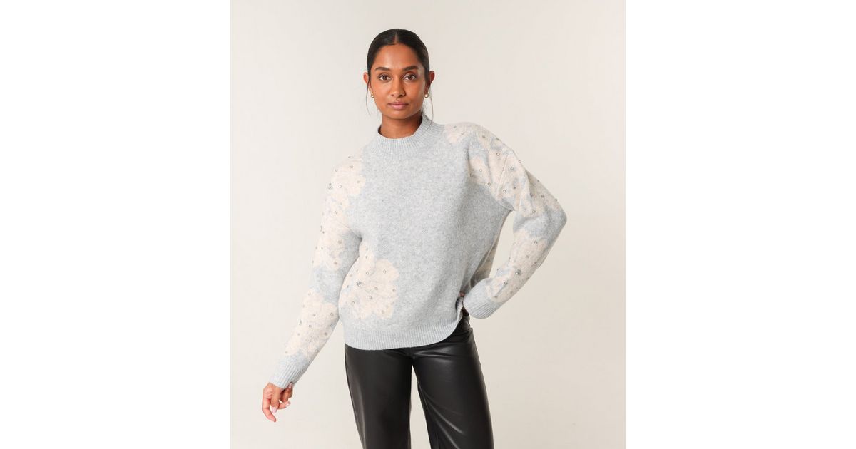 Blue Vanilla Grey Floral Pattern Embellished Jumper | New Look