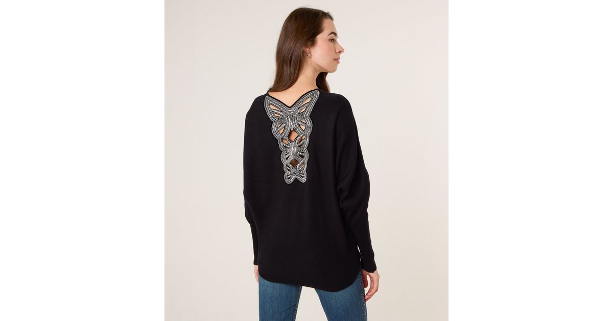 Blue Vanilla Black Embellished Cut Out Back Batwing Jumper | New Look
