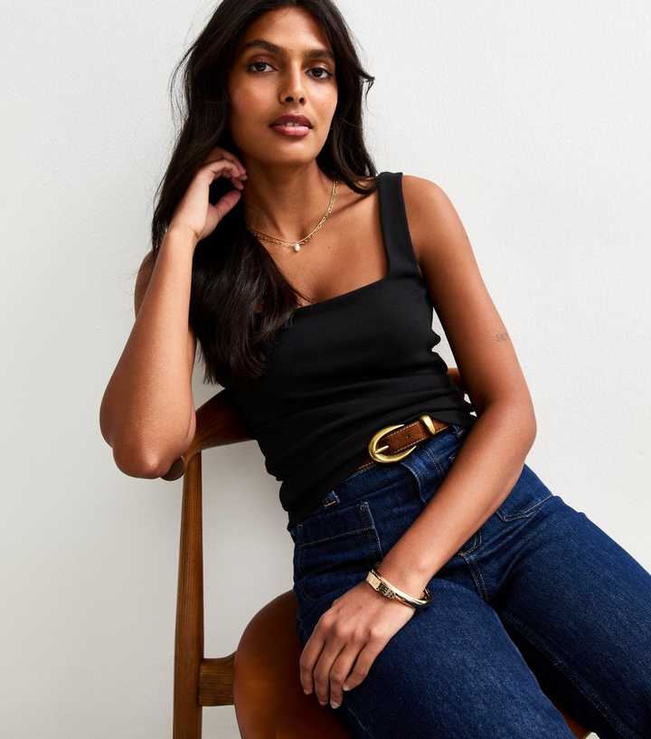 Black Square Neck Lined Vest Top | New Look