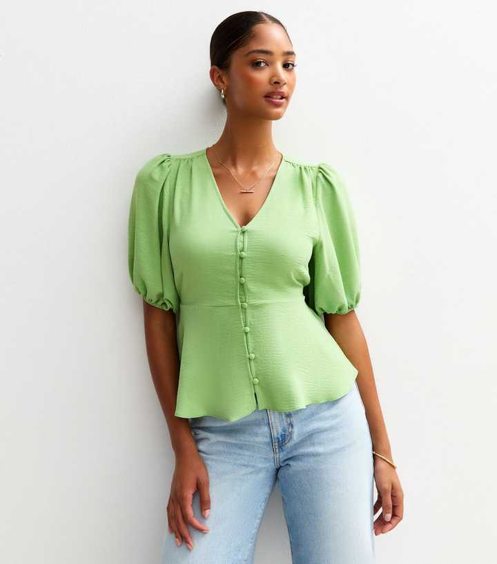 Green Crinkle Texture Button Detail Tea Blouse | New Look
