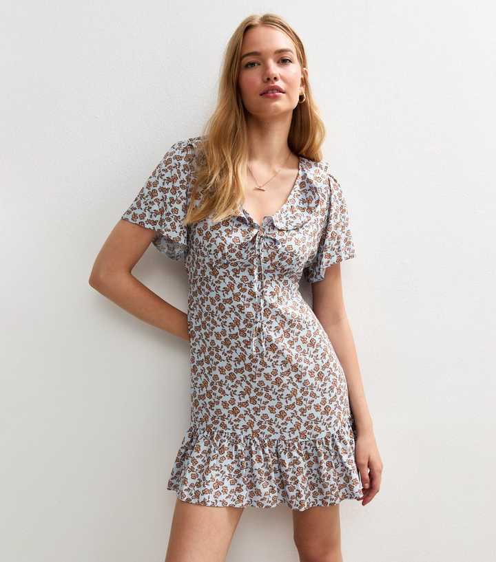 Blue Floral Print Ruffle Trim Mini Dress | New Look
