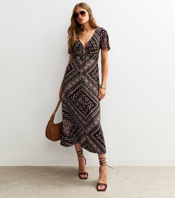 Brown Patchwork Print V-Neck Midi Dress | New Look