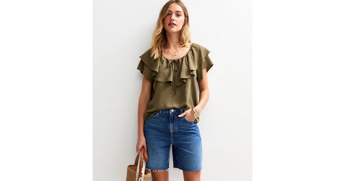 Khaki Crinkle Texture Frill Trimmed Short Sleeve Blouse | New Look