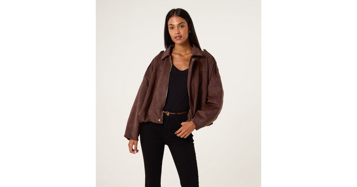 Blue Vanilla Dark Brown Faux Suede Puffball Hem Jacket | New Look