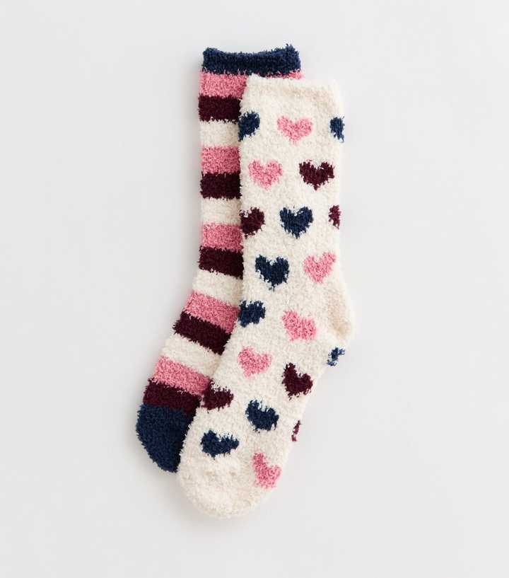Multicolour Pack of 2 Heart And Stripe Pattern Cosy Socks | New Look