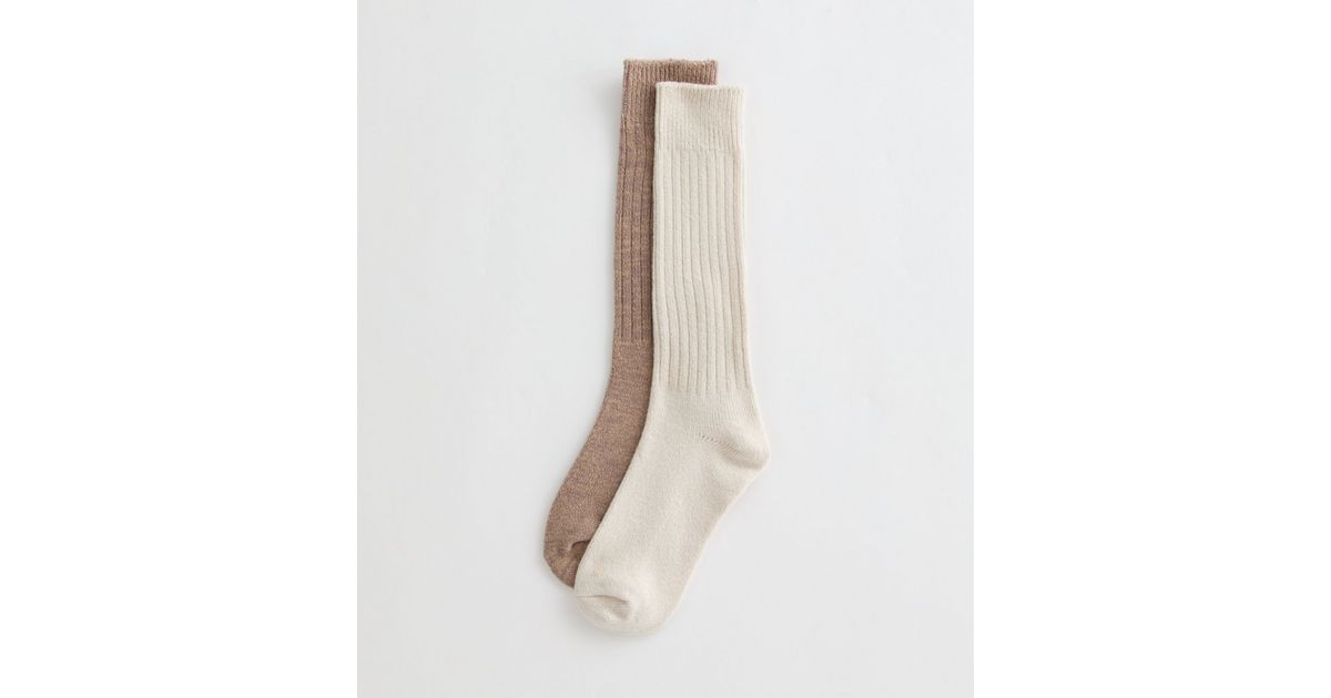 Cream and Mink Pack of 2 Slouch Ribbed Lounge Socks | New Look