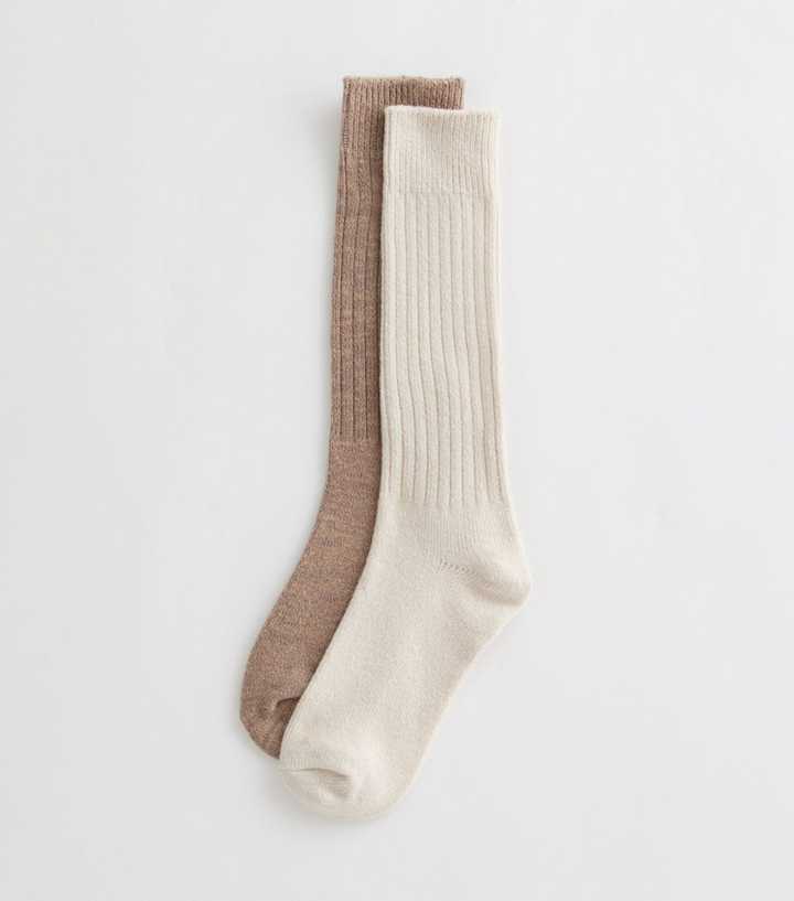 Cream and Mink Pack of 2 Slouch Ribbed Lounge Socks | New Look