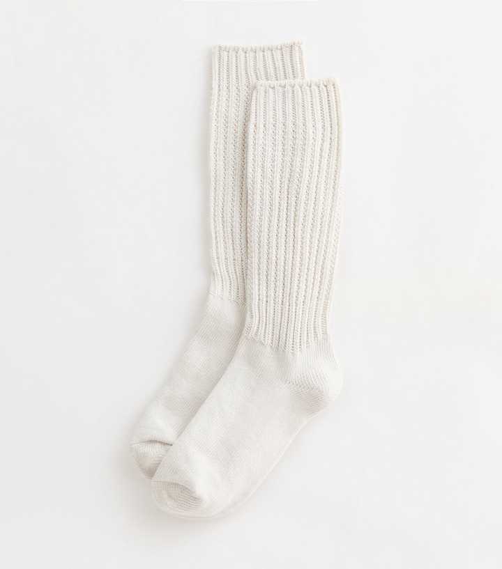 Cream Ribbed Knit Slouch Socks | New Look