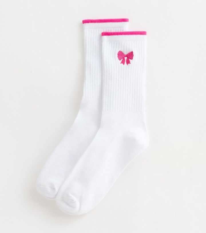 White Embroidered Bow Tube Socks | New Look