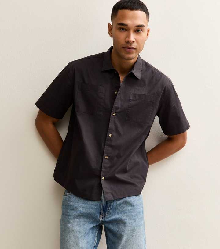 Dark Grey Boxy Double Pocket Short Sleeve Shirt | New Look