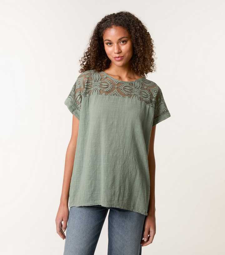 Blue Vanilla Dark Khaki Lace Pattern Top | New Look