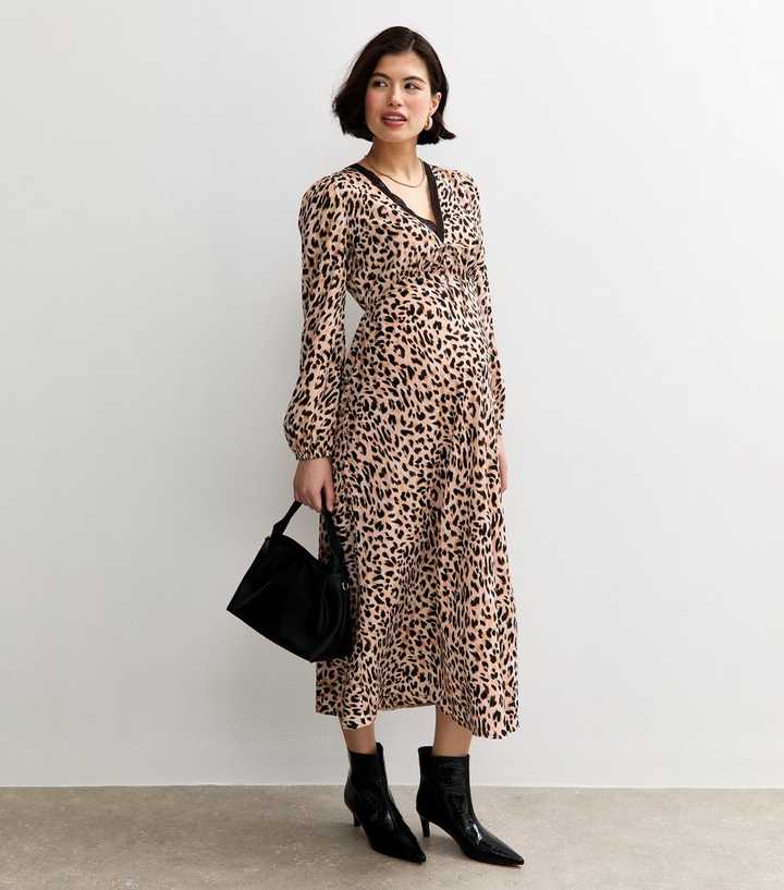 Maternity Brown Leopard Print Lace Trim Midi Dress | New Look