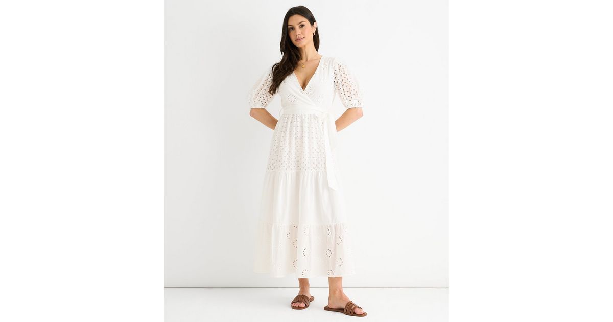 Gini London White Broderie Anglaise Belted Midi Dress | New Look