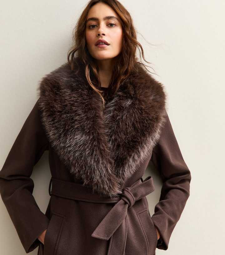 Brown Faux Fur Collar Wrap Coat | New Look