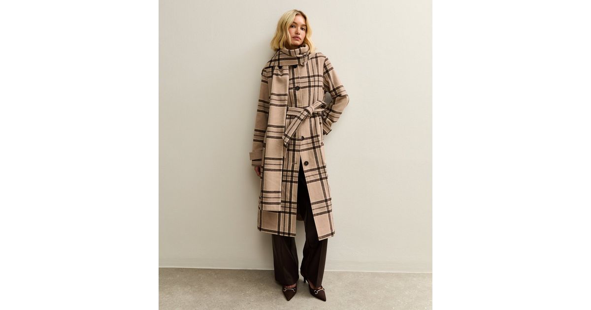Beige Checked Collared Jacket and Matching Scarf | New Look