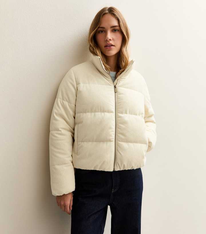 Cream Corduroy Cropped Puffer Jacket | New Look