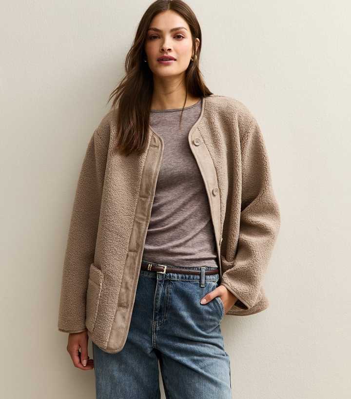 Tall Mink Short Teddy Collarless Jacket | New Look