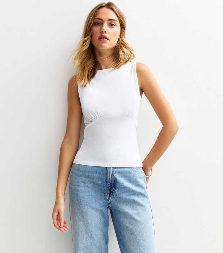 White Jersey Ruched Bust Slash Neck Vest Top | New Look