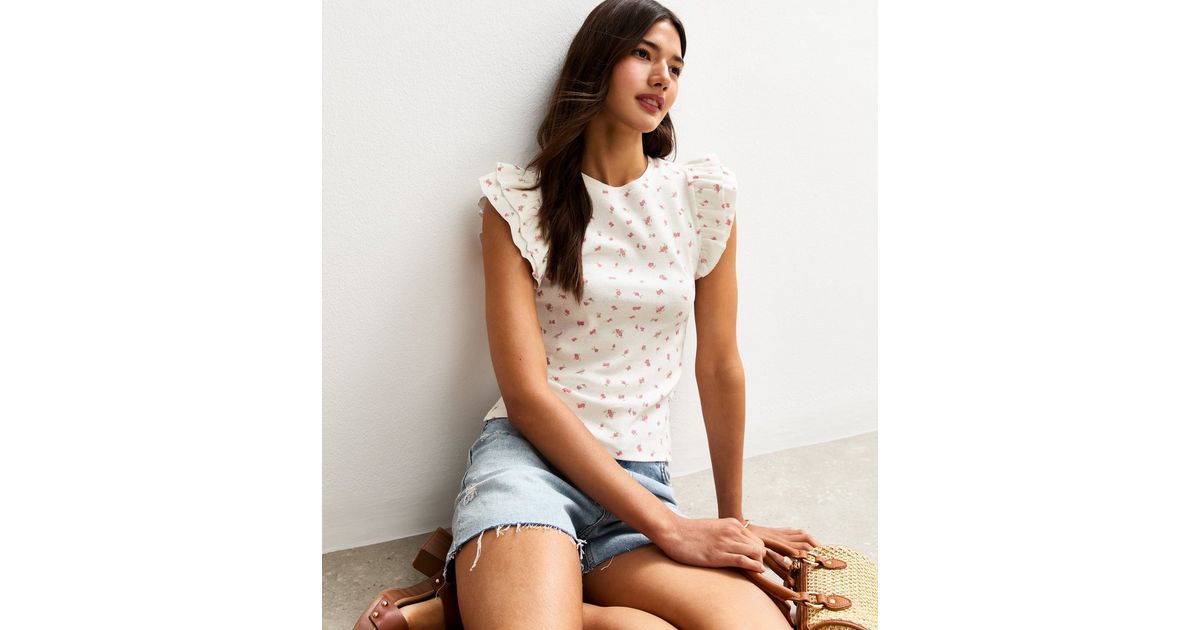 Cream Floral Print Frilly Sleeve Vest | New Look