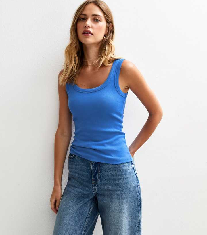 Bright Blue Wide Strap Scoop Neck Ribbed Vest | New Look